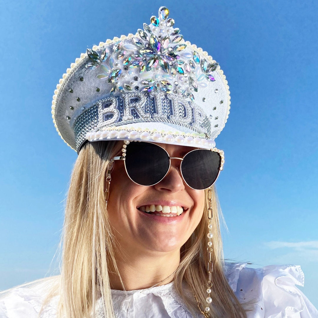 Hen Party Pearl Bride Hat Bridal Shower Crystal Captain Hat White ...