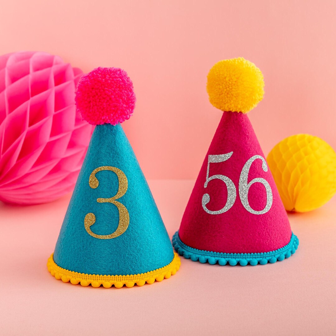 Felt Any Age Birthday Party Hat With Colourful Pom Pom and Trim ...