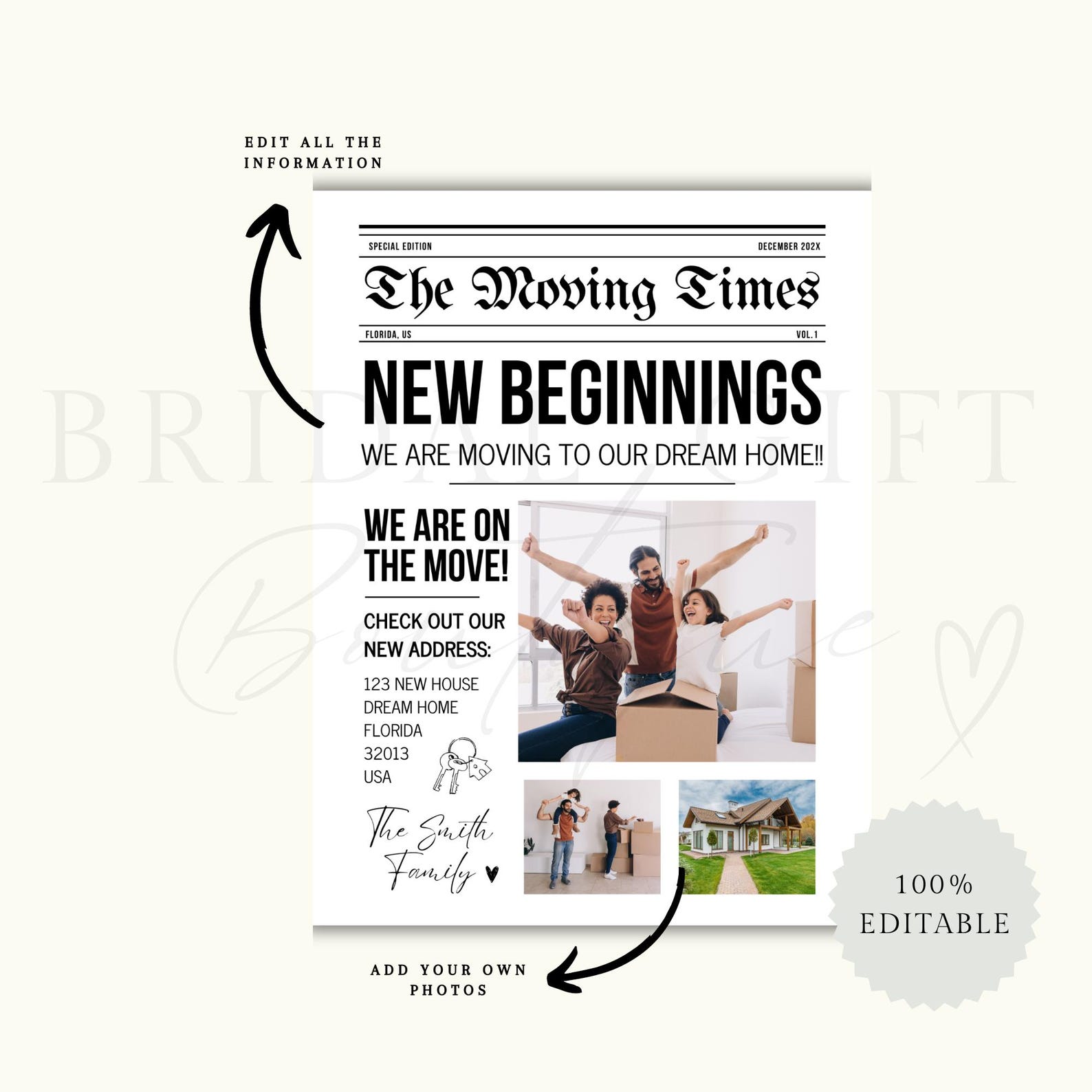 Moving House Newspaper Card Template, Editable Canva Address Change ...