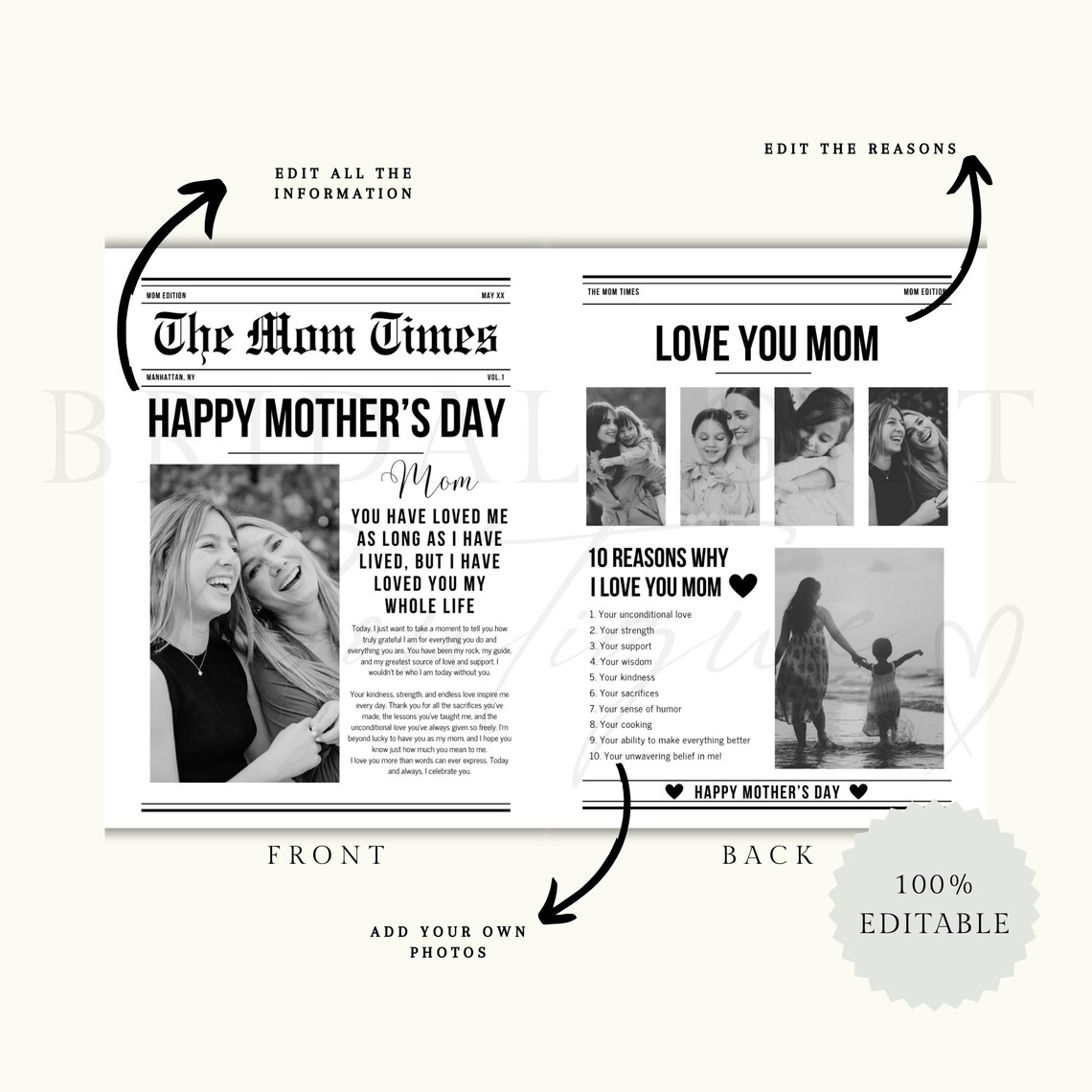 Mothers Day Newspaper Template Editable Canva Newspaper Mothers Day ...