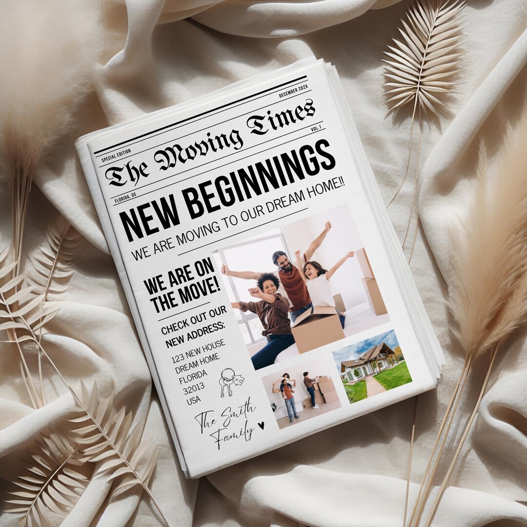 Moving House Newspaper Card Template, Editable Canva Address Change ...