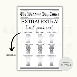 Printable Newspaper Theme Table Plan Newspaper Wedding Seating Chart ...