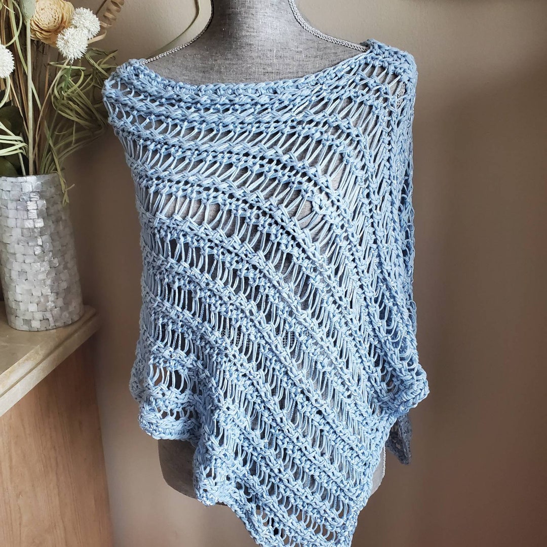 Hand Knit Poncho Light Blue Shine Cover up Poncho Natural Cotton ...