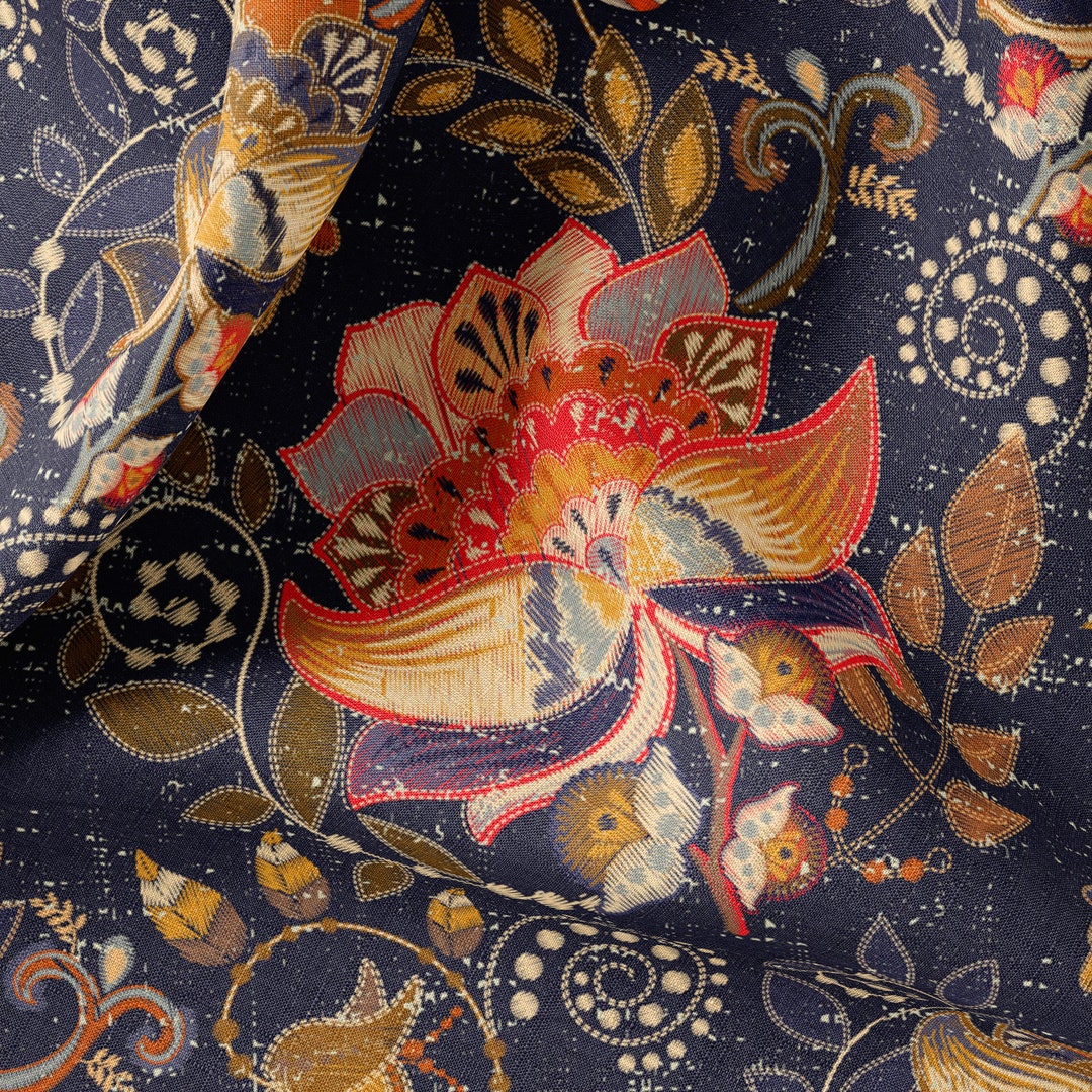 Vintage Print Linen by the Yard or Meter, Vintage Floral Knitted Print ...