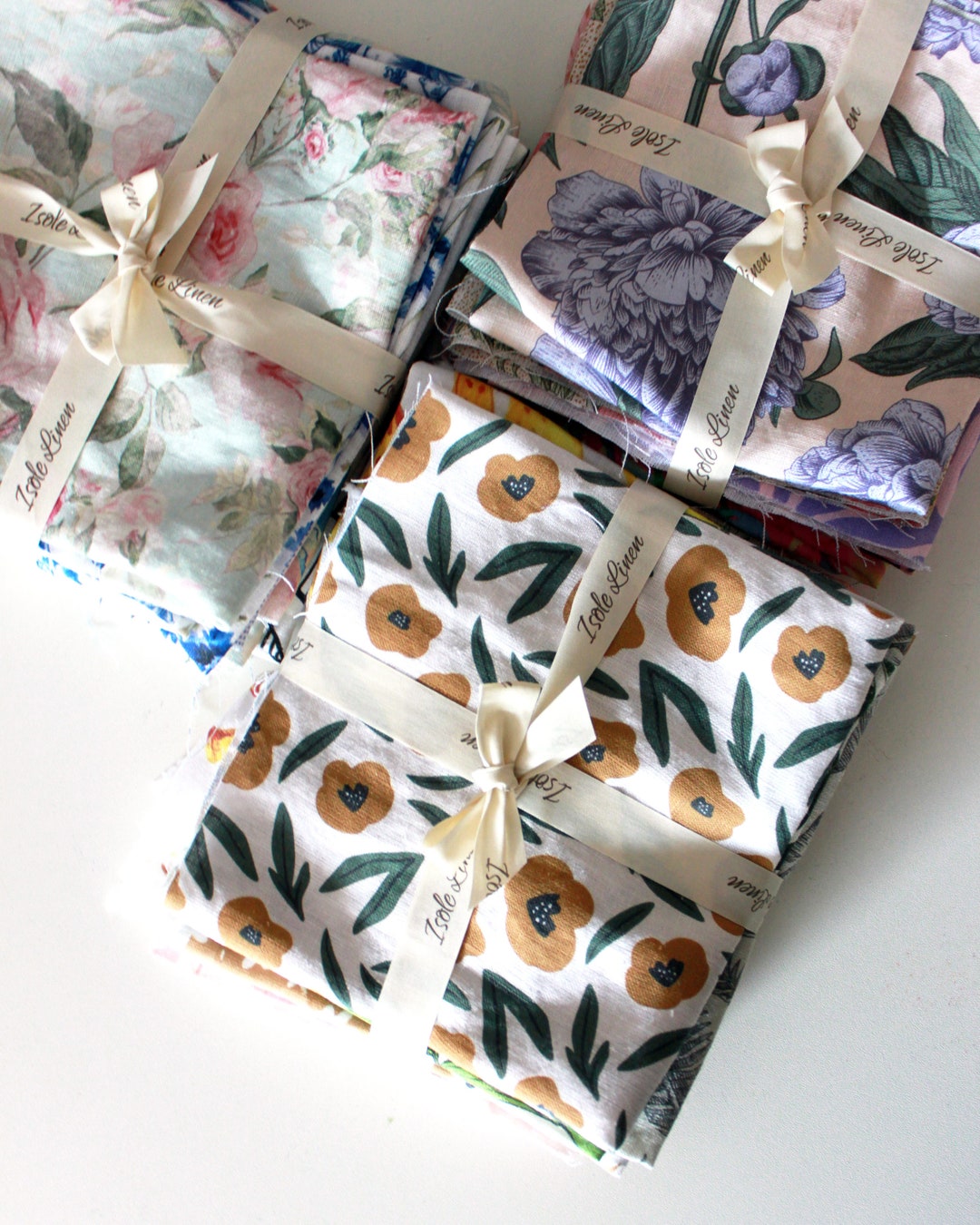 Vintage Print Linen Scraps Bundle, Printed Linen Fabric Remnants for ...