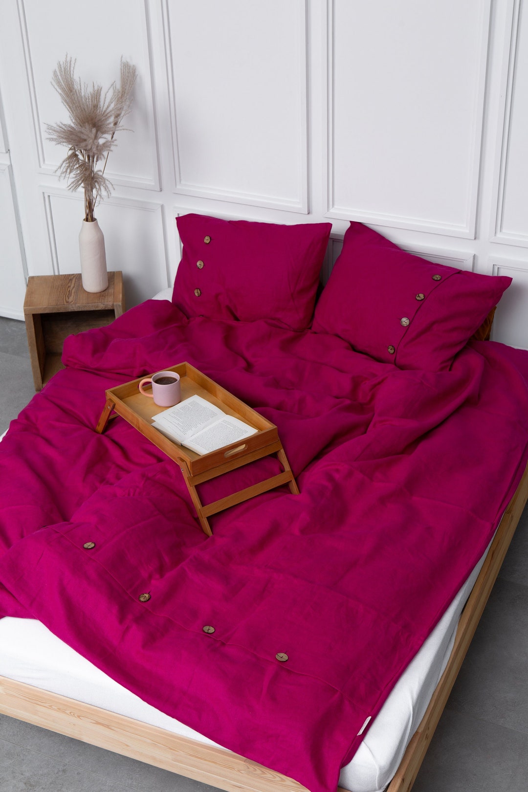 Linen Bedding Set Magenta Color, Linen Duvet Cover, Washed Softened ...
