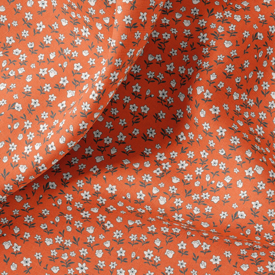 Retro Floral Print Linen by the Yard or Meter, Retro Ditsy Flowers ...