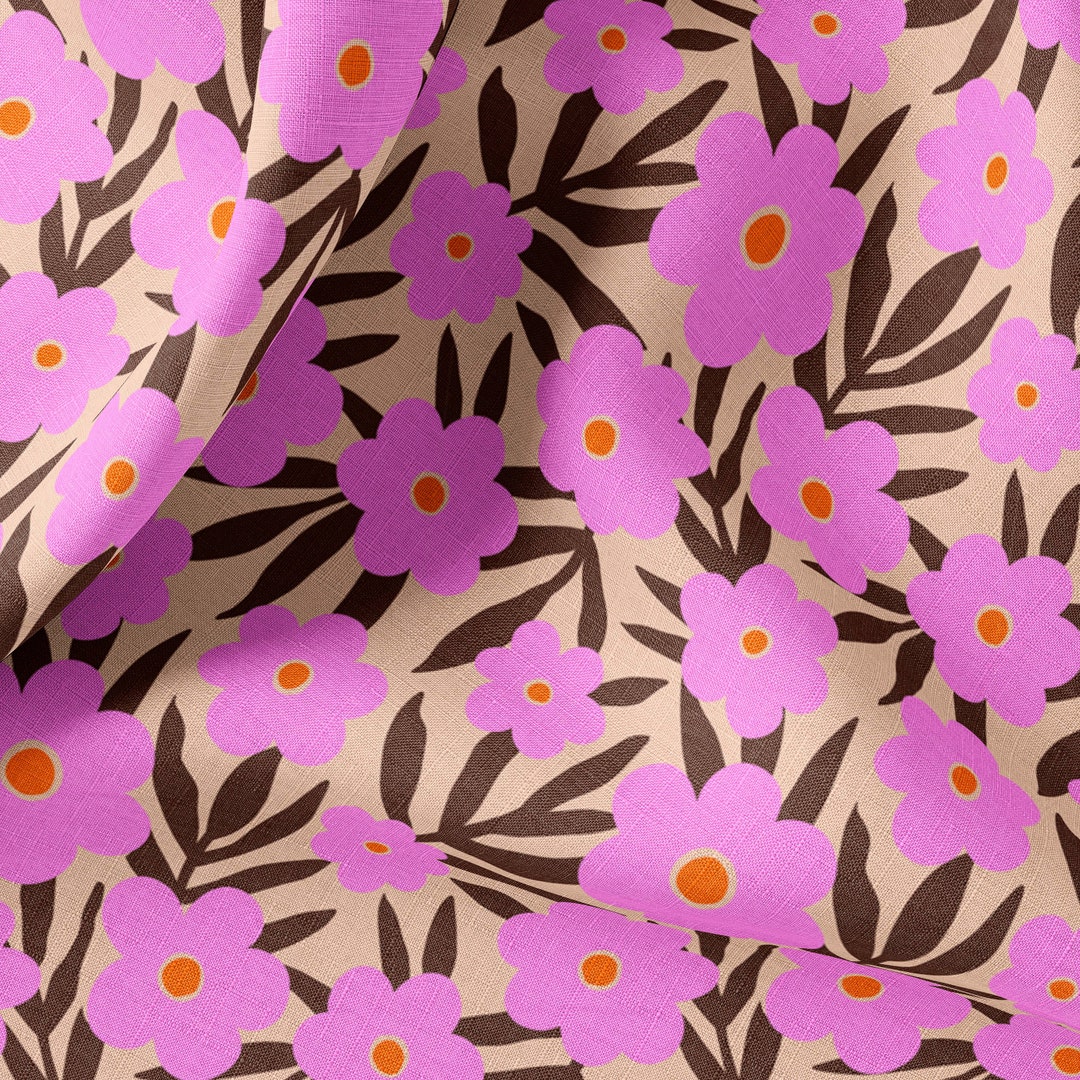 Retro Floral Print Linen by the Yard or Meter, Retro Funky Flowers ...