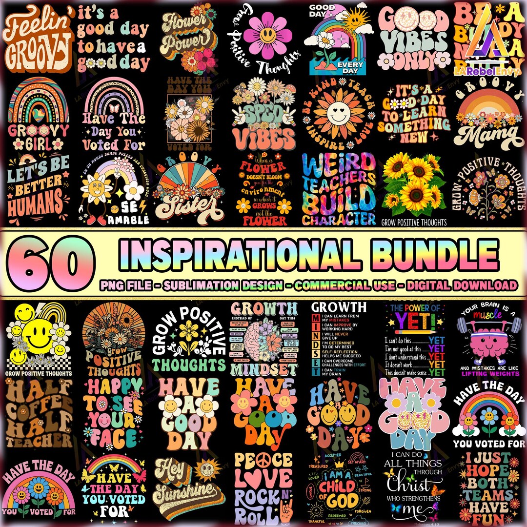 60 Files Inspirational Quotes PNG Bundle, Groovy, Positive Quotes ...