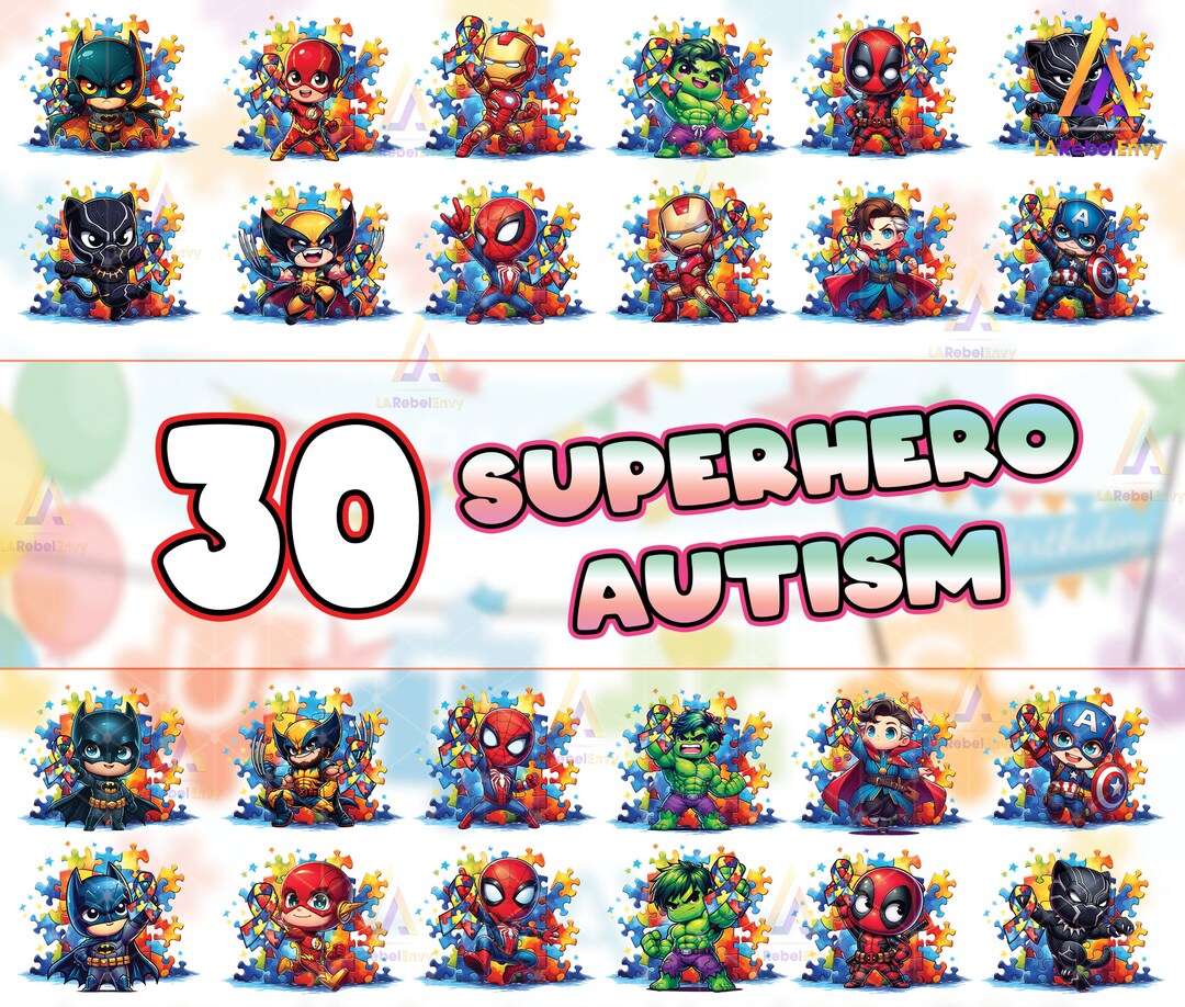 30 Designs Autism Superhero Character Png, Autism Png Bundle, Autism ...