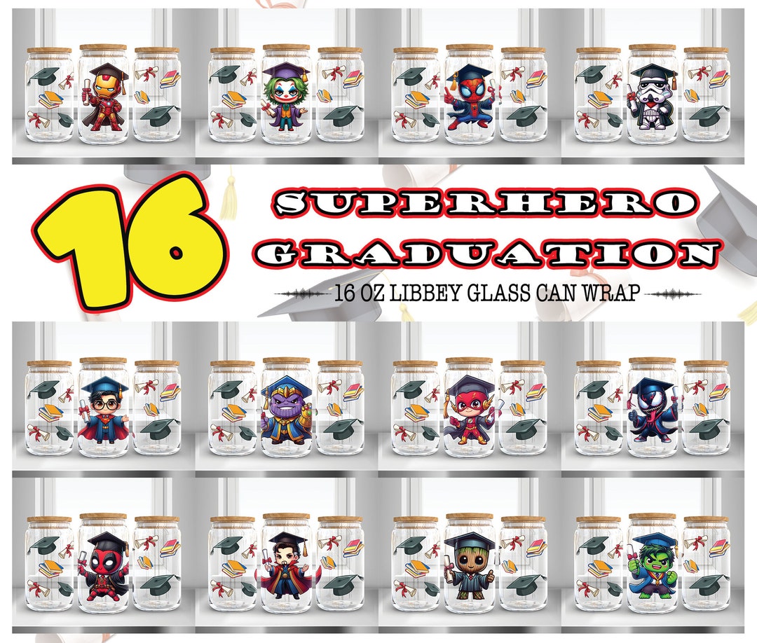 16 Superhero Graduation 16oz Libbey Glass Can Wrap Png, Graduation ...