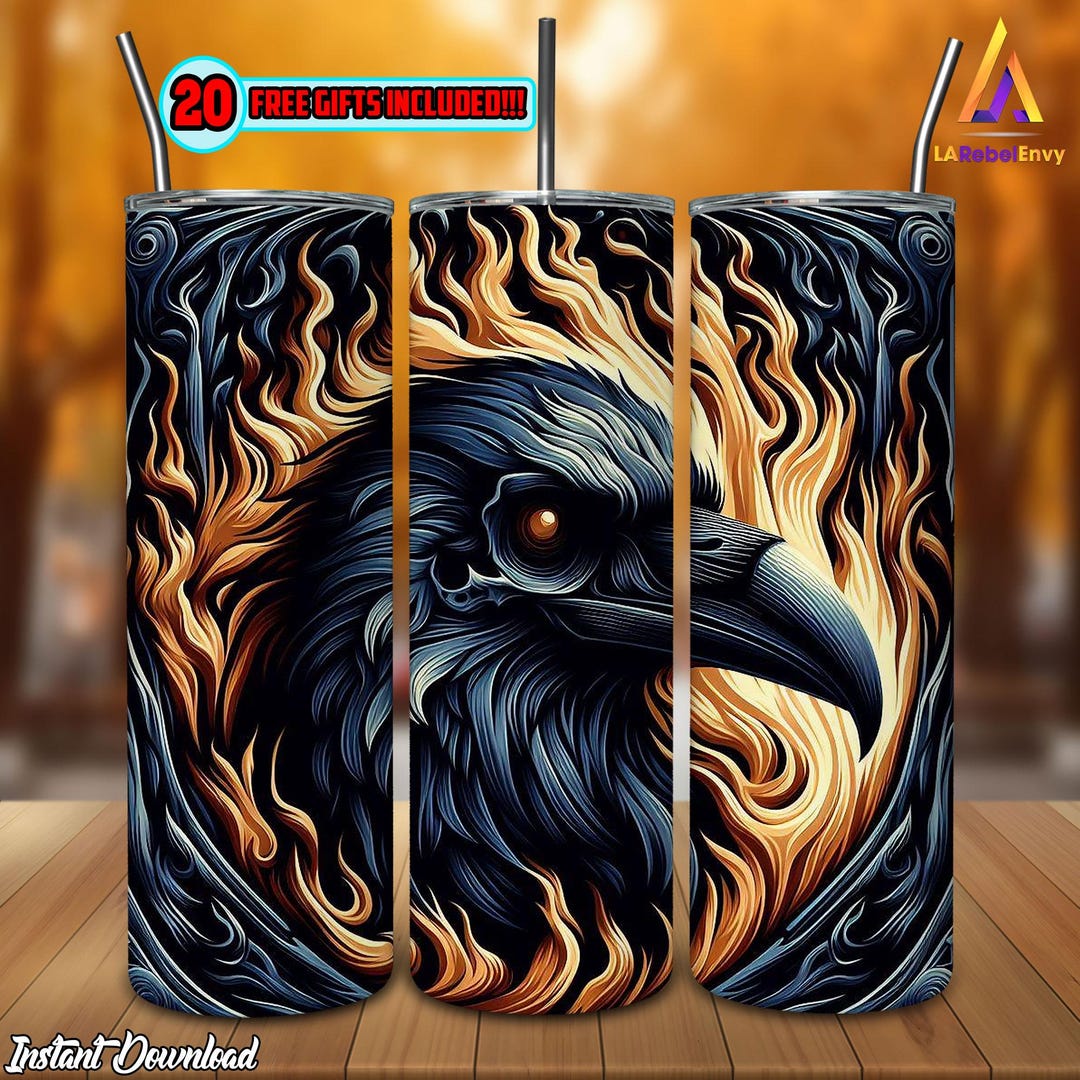 Raven Fire Effect 20oz Skinny Tumbler Sublimation Design Png, Flaming ...