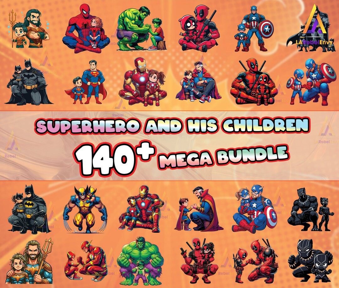 140 Designs Super Hero and His Children Png Bundle, Gifts for Dad and ...