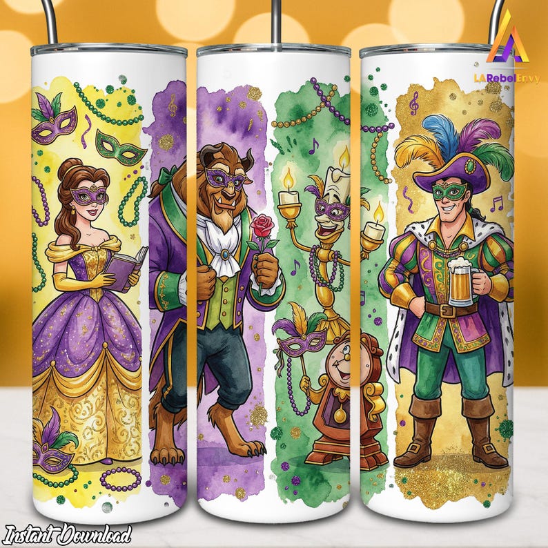 Glitter Mardi Gras Fantasy Princess and Beast 20oz Skinny Tumbler ...
