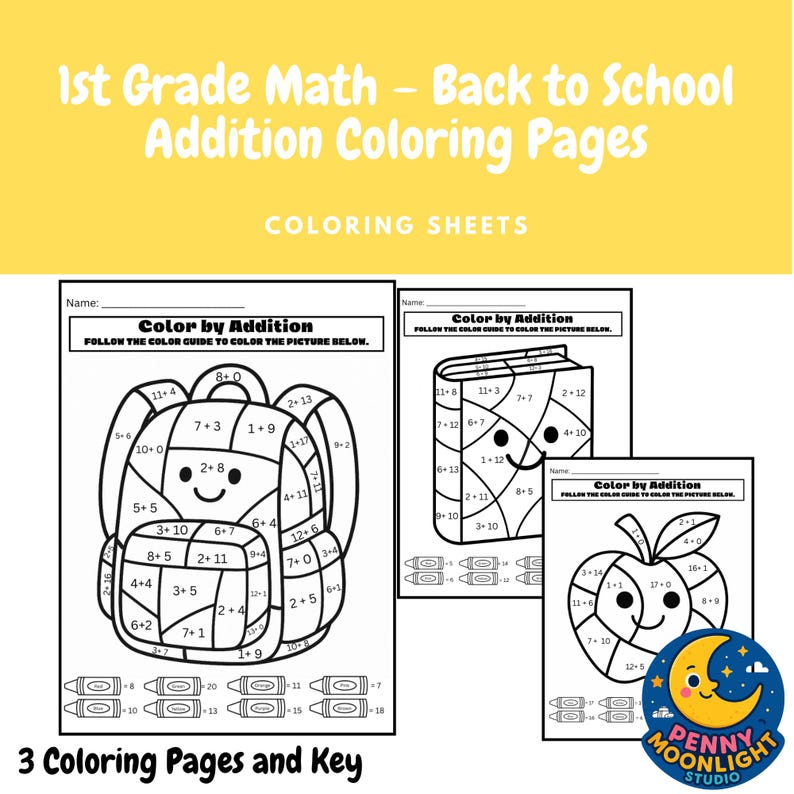 1st Grade Math – Back to School Addition Coloring Pages - Etsy