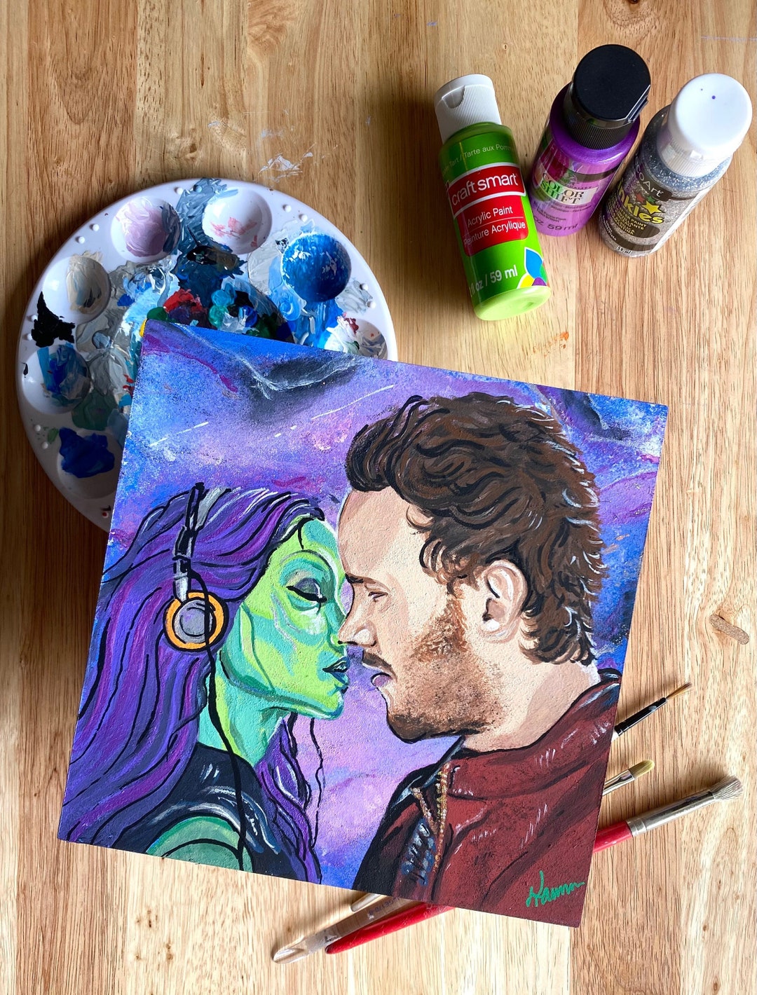 Starlord and Gamora, Wooden Canvas Acrylic Painting, Guardians of the ...