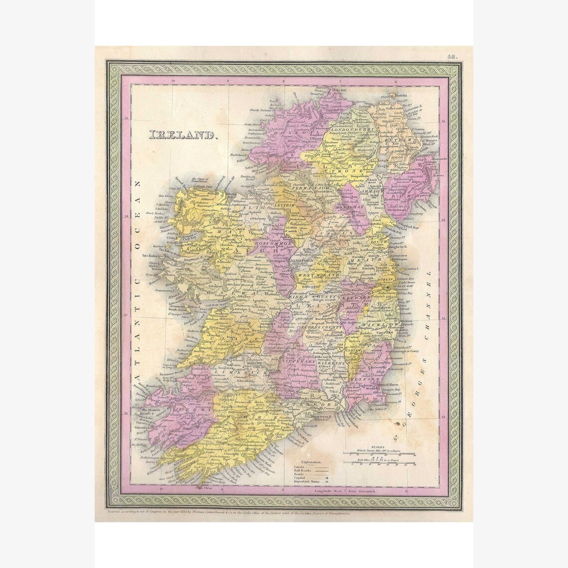 Ireland; Historic Map; Mitchell, 1850 First Quality Antique ...
