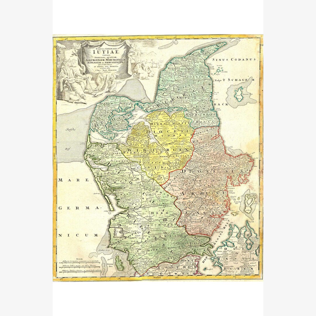 Map of Denmark; Antique Map by Homann, 1710 - Teak Wood Magnetic Hanger ...