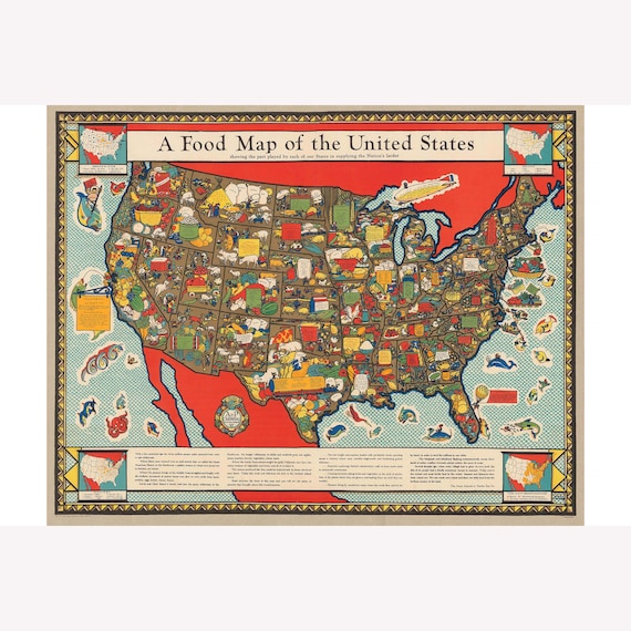 A Food Map of the United States 1932 Great Kitchen Wall | Etsy