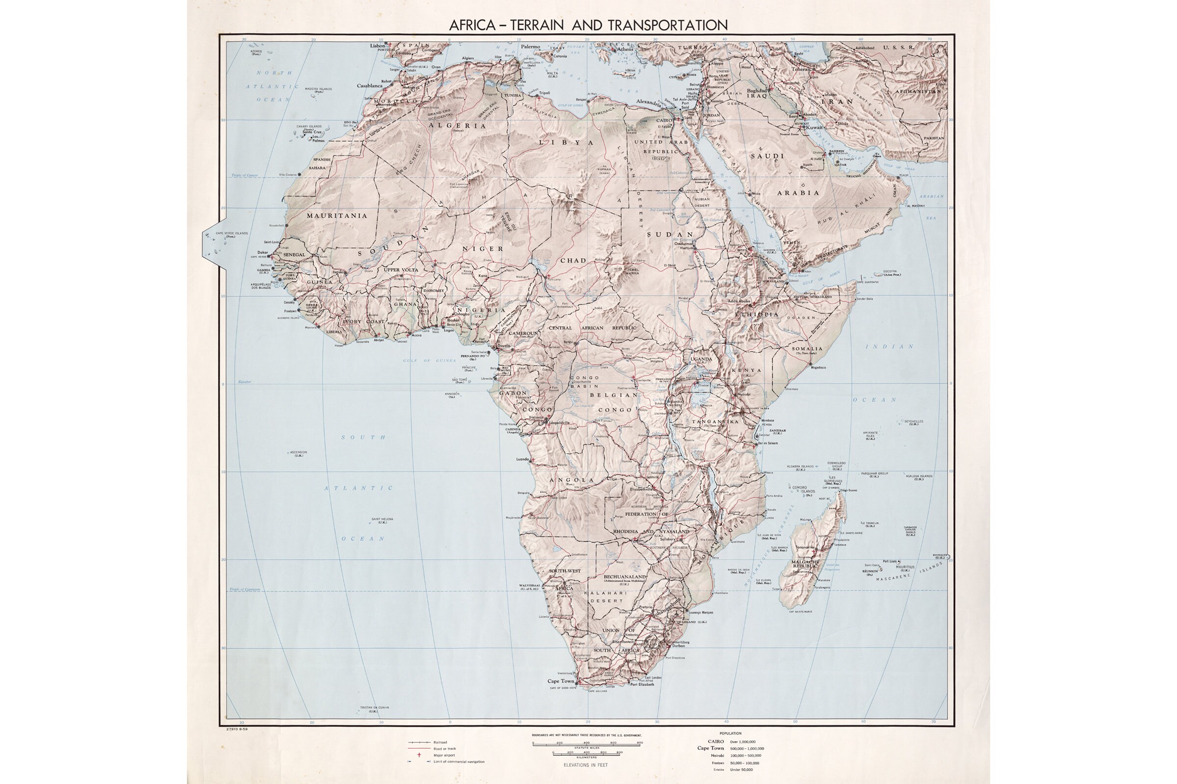 Map of Africa Terrain & Transportation Antique Map 1959 | Etsy