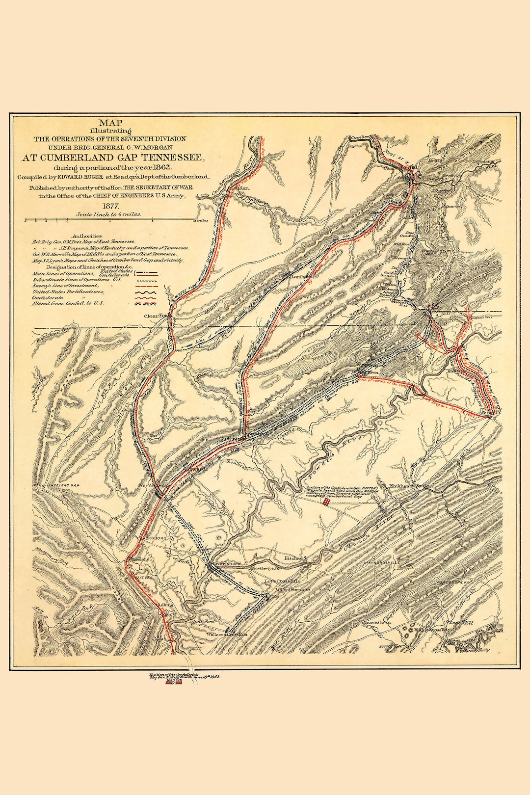 Map of Cumberland Gap, Tennessee, 1877; Antique Civil War Map; Custom ...
