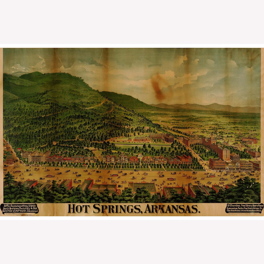Map of Hot Springs, Arkansas 1890; Antique Map; Birdseye or Pictorial ...