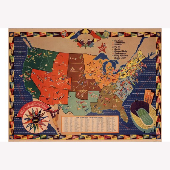 College Football Map by Albert Richard With College Mascot | Etsy