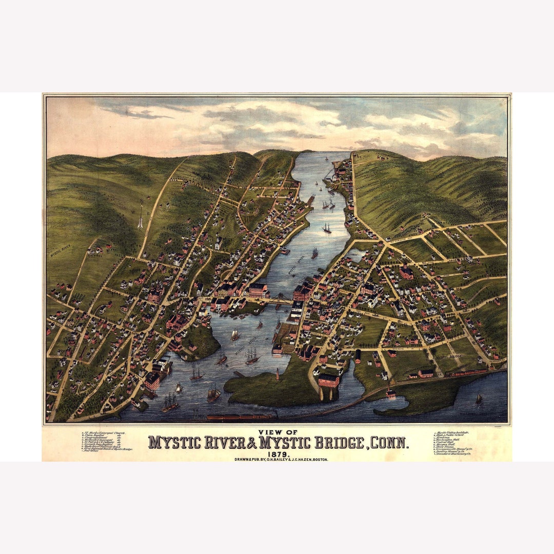 Map of Mystic River, Connecticut 1879 Antique Birdseye Map Teak Wood ...