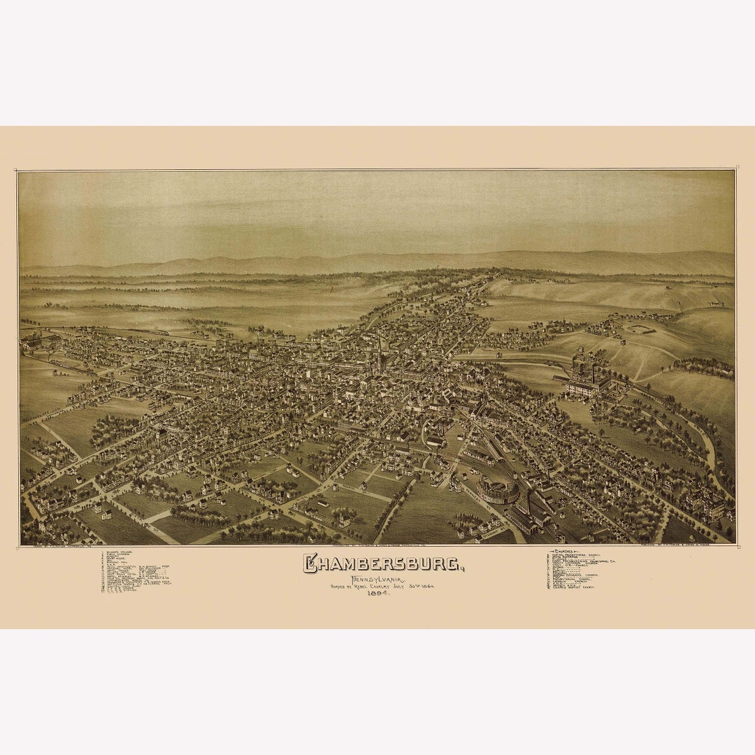 Map of Chambersburg PA; Antique Map, Pictorial or Birdseye Map, 1894 ...