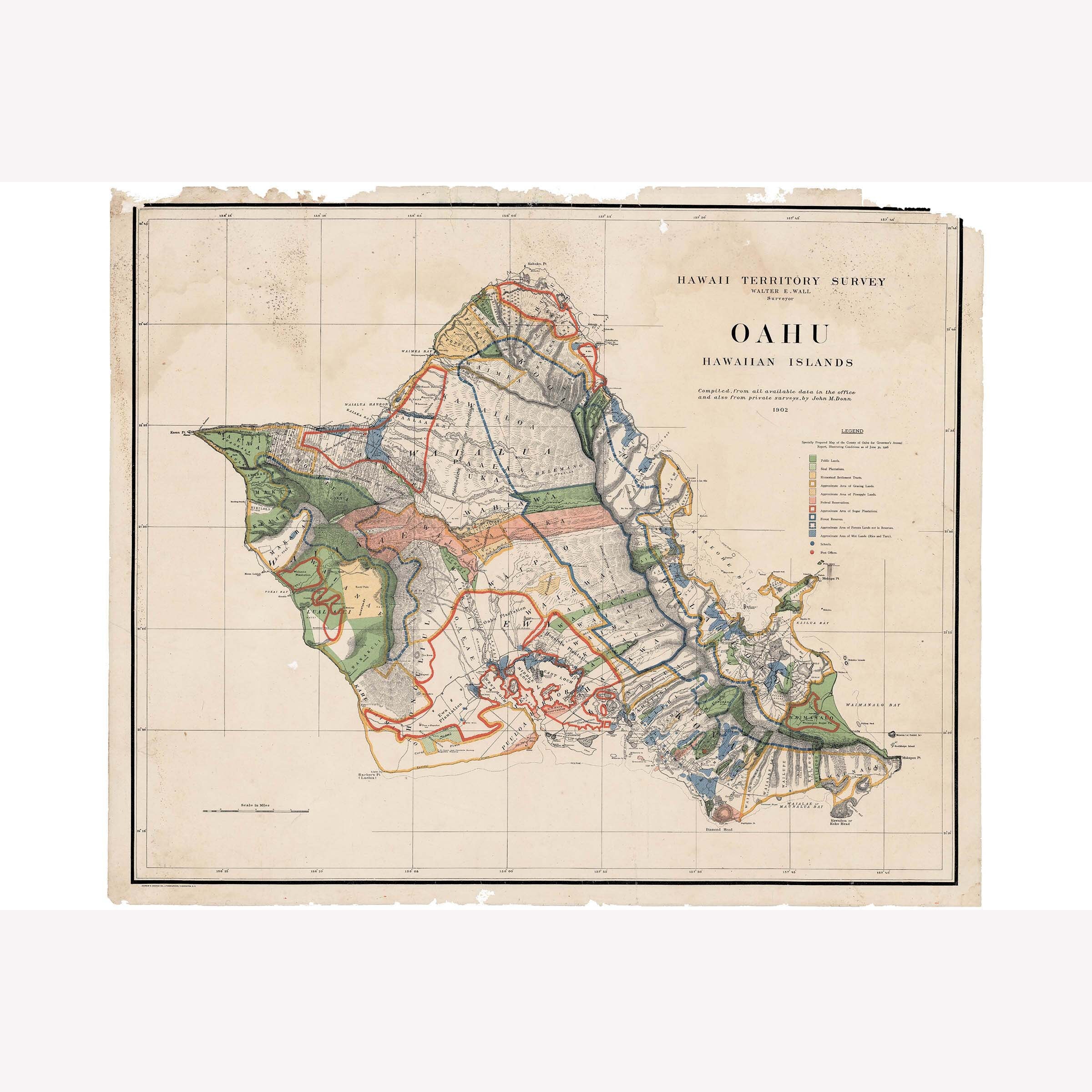 Island of Oahu Hawaii Antique Map by Alexander 1895 Teak | Etsy
