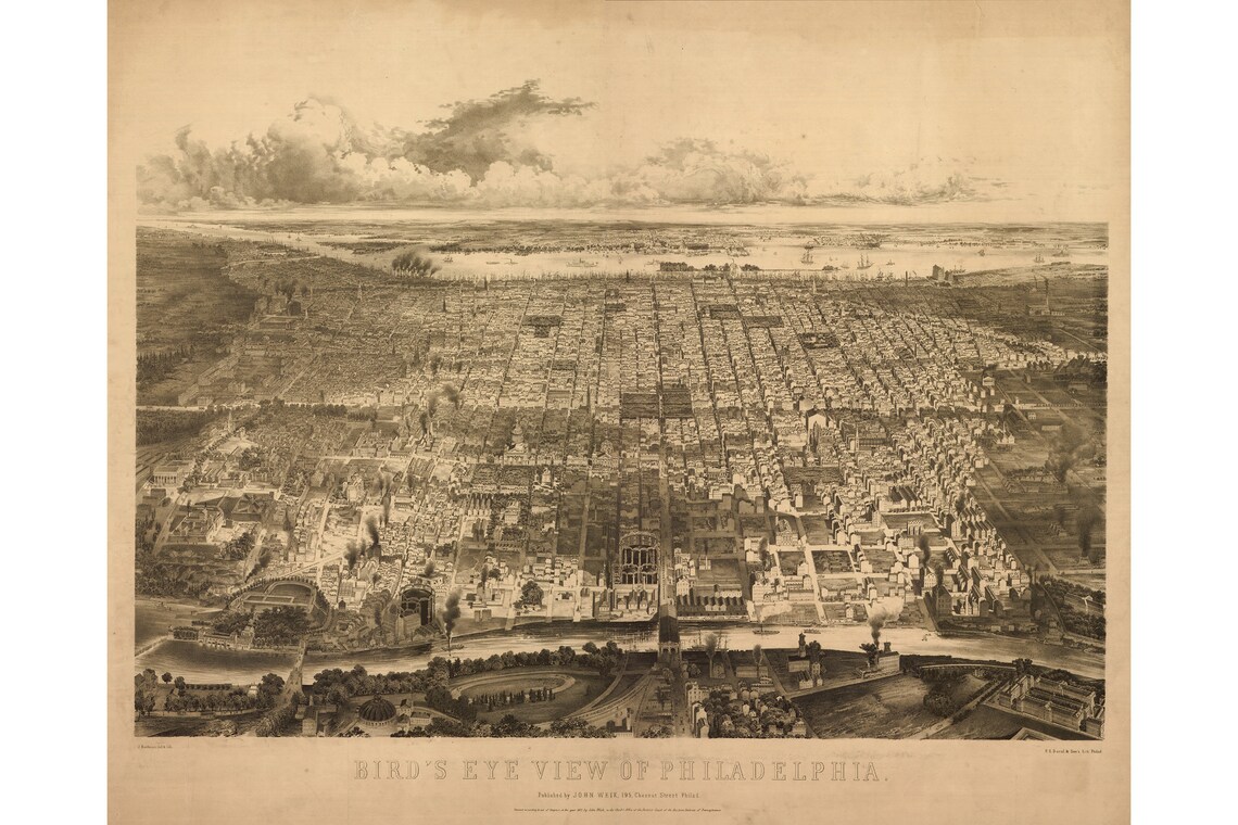 Map of Philadelphia Antique Map Perspective or Bird's | Etsy