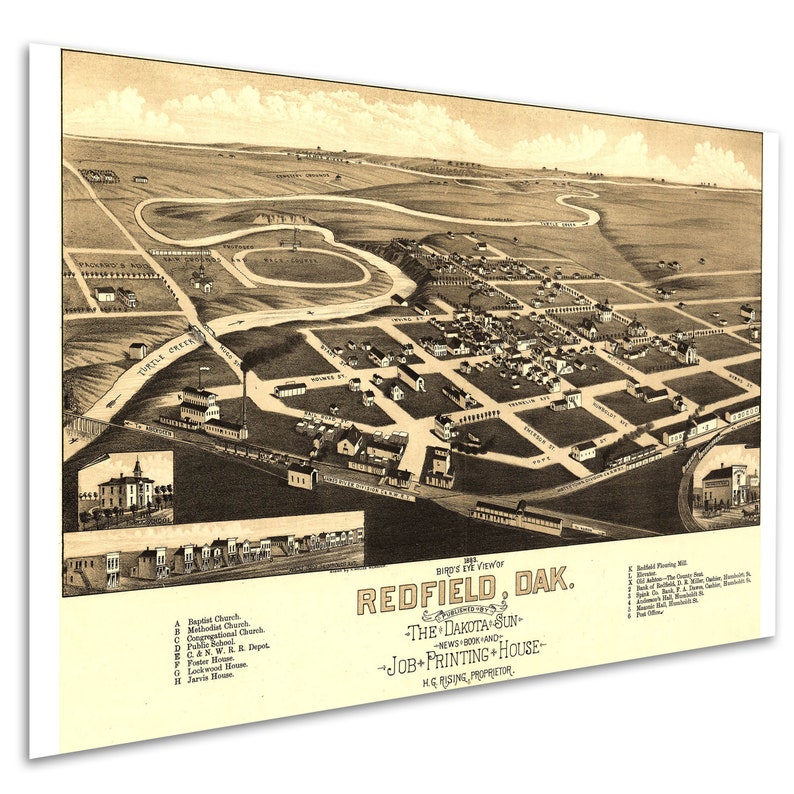 Map of Redfield, Dakota Territories 1883; Antique Birdseye Map - Teak ...