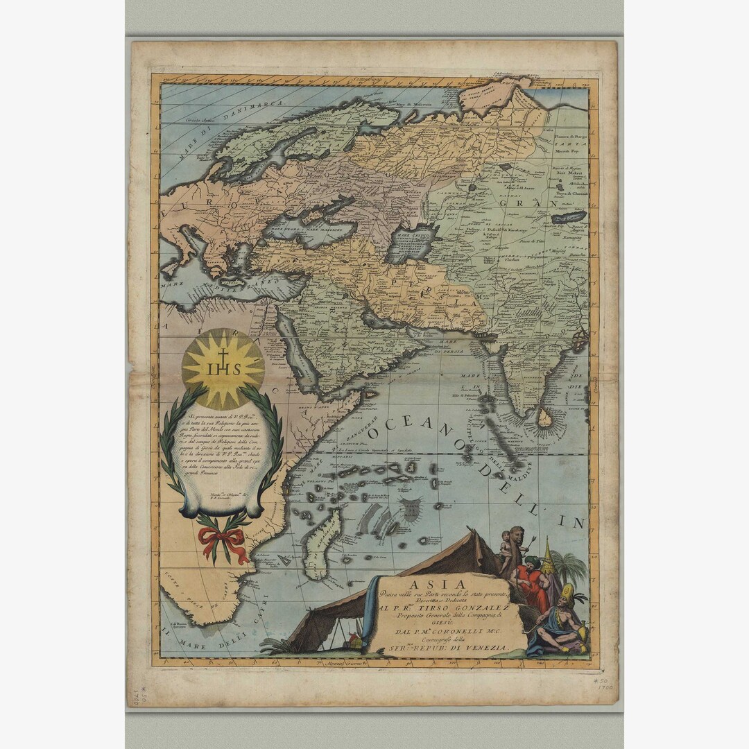 Map of Asia; Antique Map; Ca. 1700; Vincenzo Coronelli - Teak Wood ...
