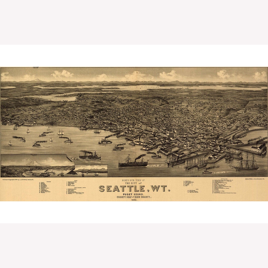 Map of Seattle Washingon 1884; Antique Birdseye or Pictorial Map ...
