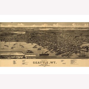 Map of Seattle Washingon 1884; Antique Birdseye or Pictorial Map ...
