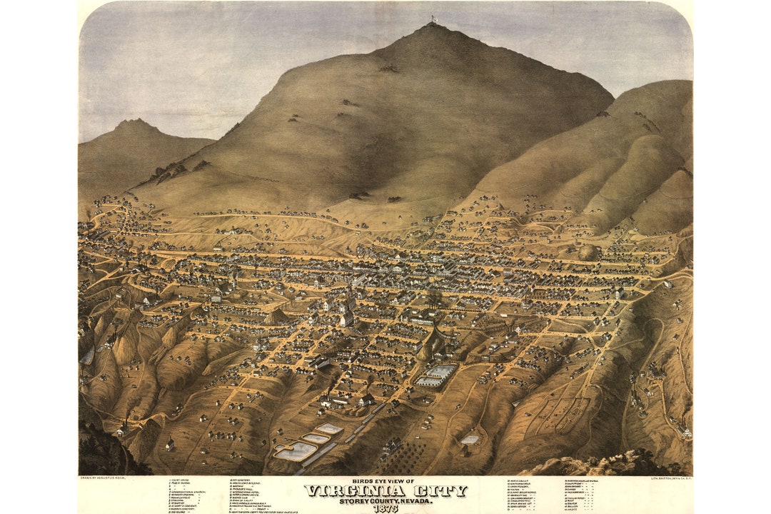 Map of Virginia City, Nevada; 1861; Antique Birdseye Map; Custom ...
