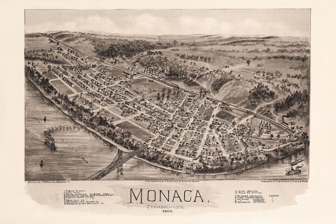 Monaca, Pennsylvania. Antique Birdseye Map; 1900 - Teak Wood Magnetic ...
