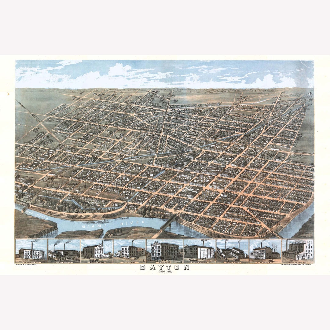 Dayton, Ohio; Antique Map; Pictorial, Perspective or Birdseye Map, 1870 ...