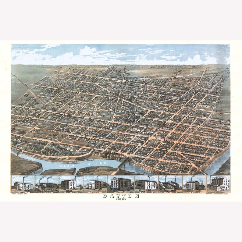 Dayton Ohio Antique Map Pictorial Perspective or Birdseye | Etsy
