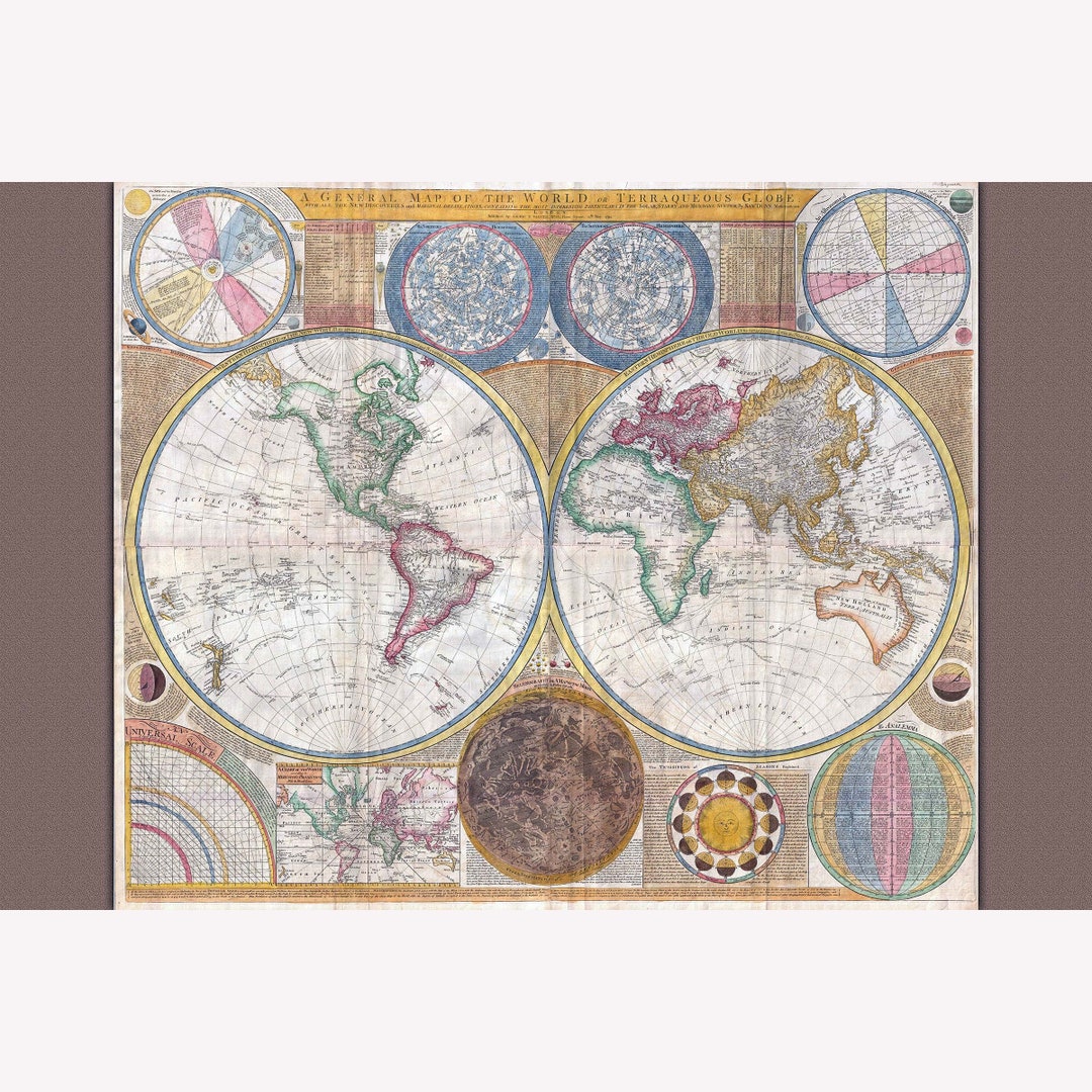 World Map; Antique Historic Map by Samuel Dunn, 1794 - Teak Wood ...