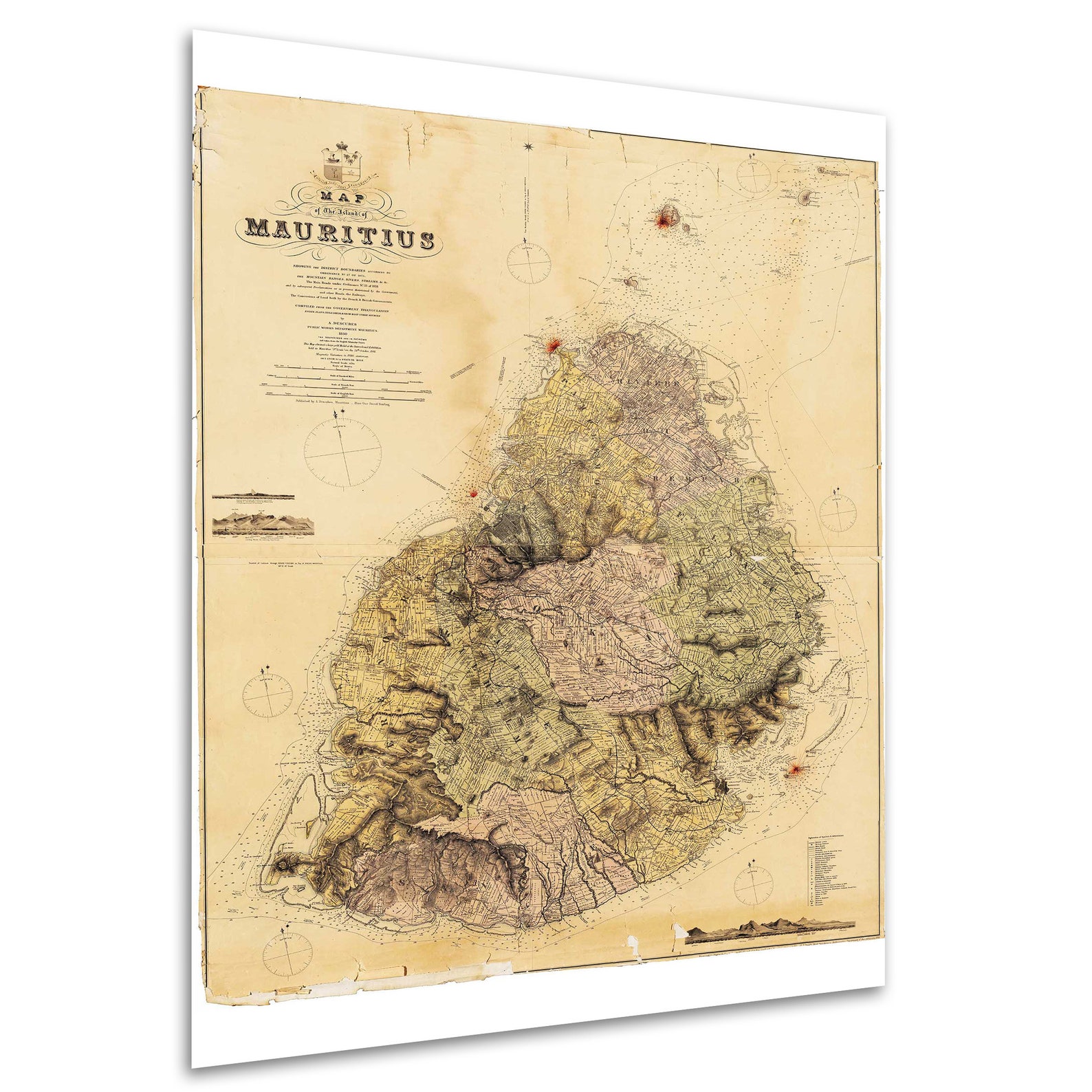 Mauritius, Antique Map 1880 by Descubes; Historic Cartography - Teak ...