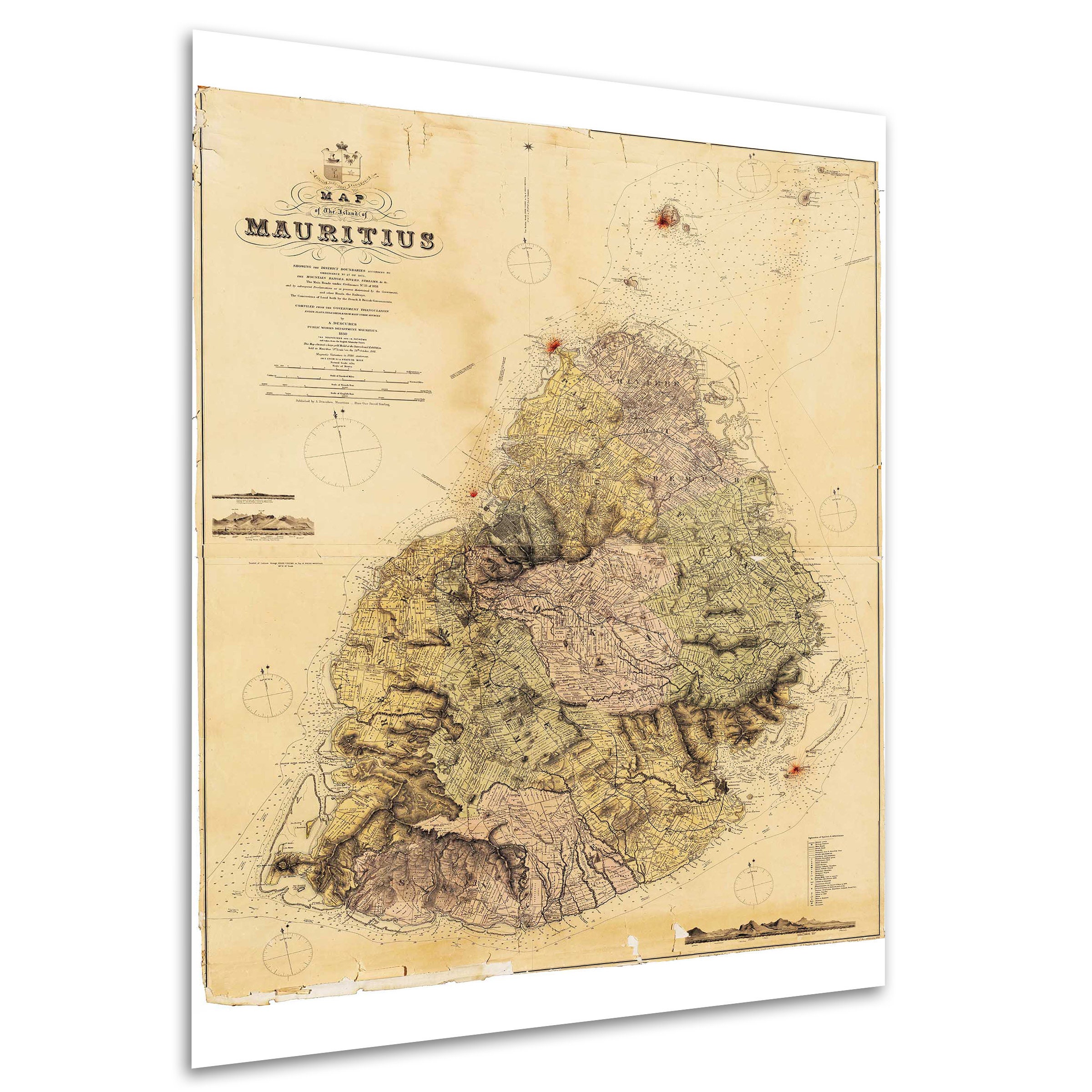 Mauritius, Antique Map 1880 by Descubes; Historic Cartography - Teak ...