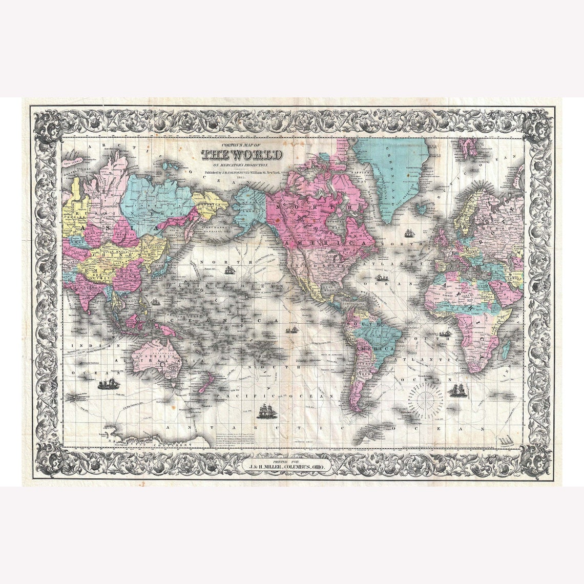World Map on Mercator Projection; 1852 Coltons; Beautiful Antique ...