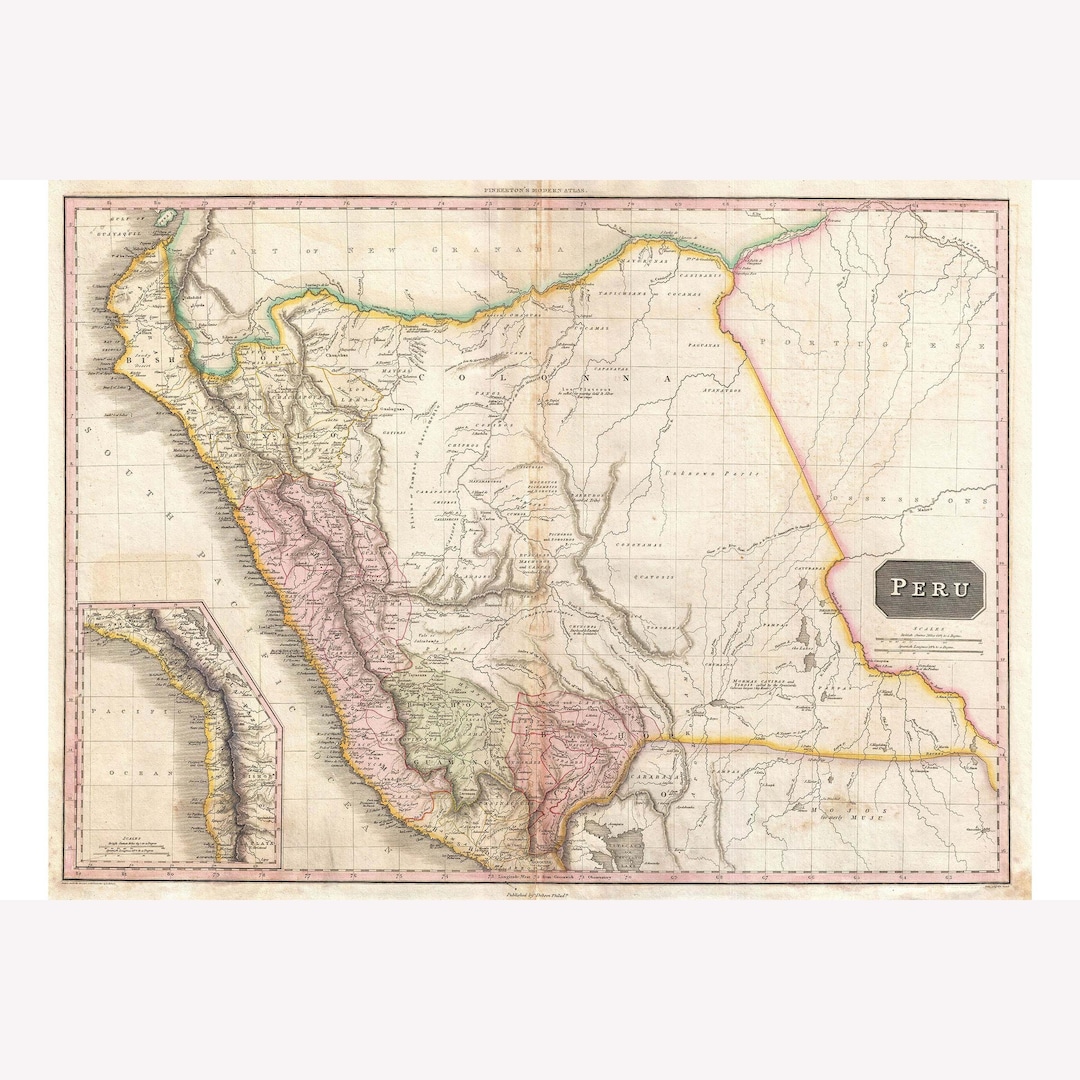 Map of Peru Antique Map Historical Cartography by Pinkerton, 1818 Teak ...