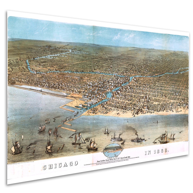 Map of Chicago, Illinois; 1868; Antique Birdseye Map; Custom Printed ...