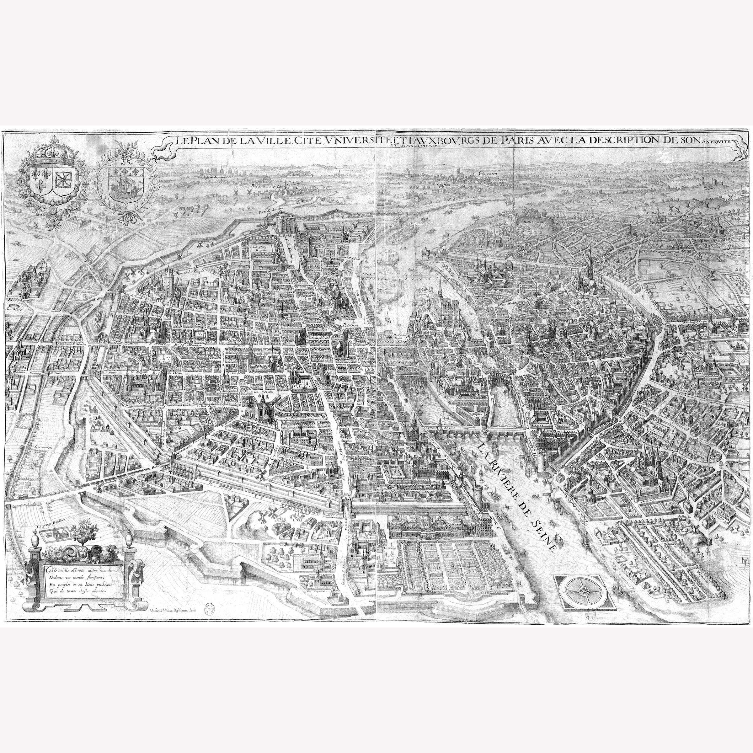 Merian Map of Paris; Antique Map; Historic Cartography, 1615 - Teak ...