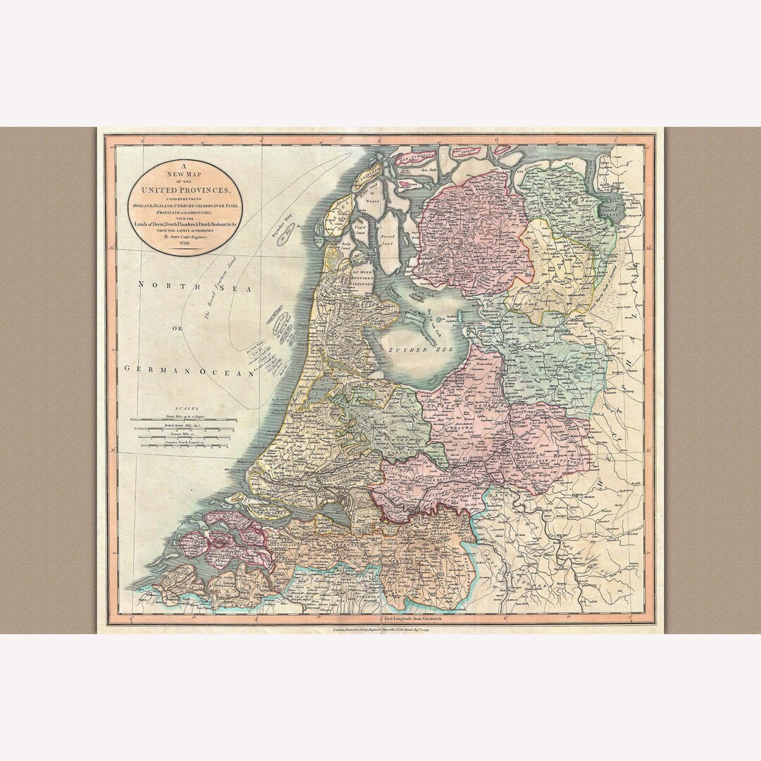 Map of the Netherlands Antique Map by Cary 1799 Custom Printed - Teak ...