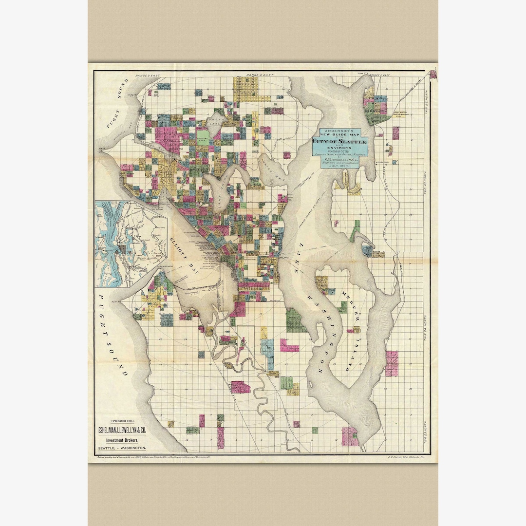 Map of Seattle & Environs; Antique Map by Anderson, 1890 - Teak Wood ...