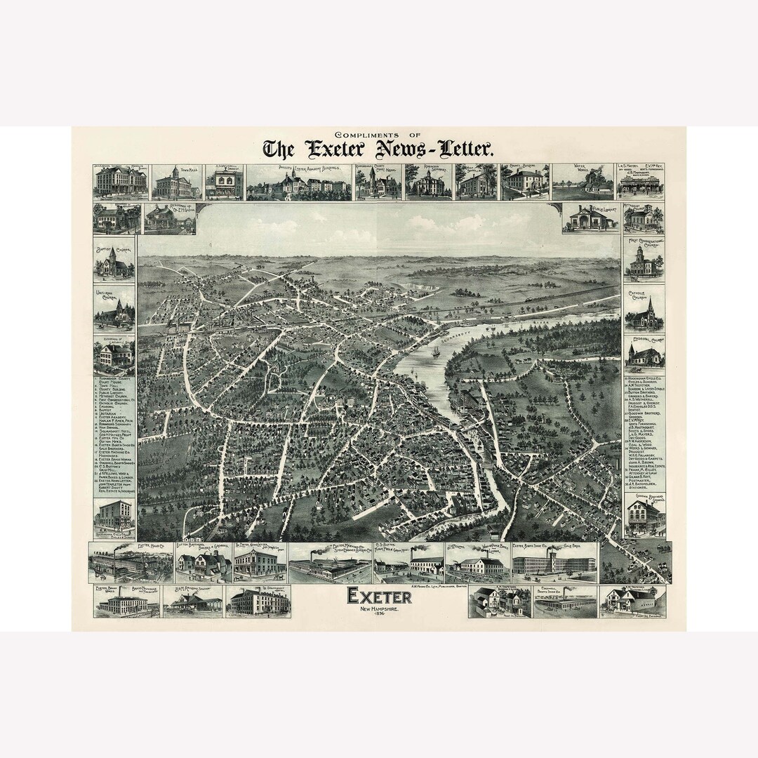 Exeter, New Hampshire. Antique Birdseye Map; 1896 - Teak Wood Magnetic ...