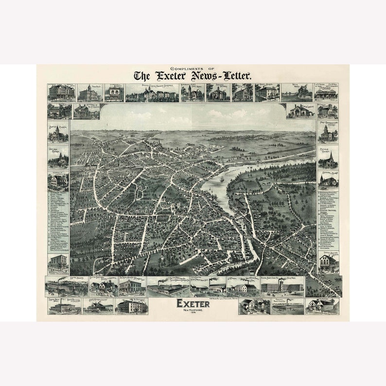 Exeter, New Hampshire. Antique Birdseye Map; 1896 - Teak Wood Magnetic ...